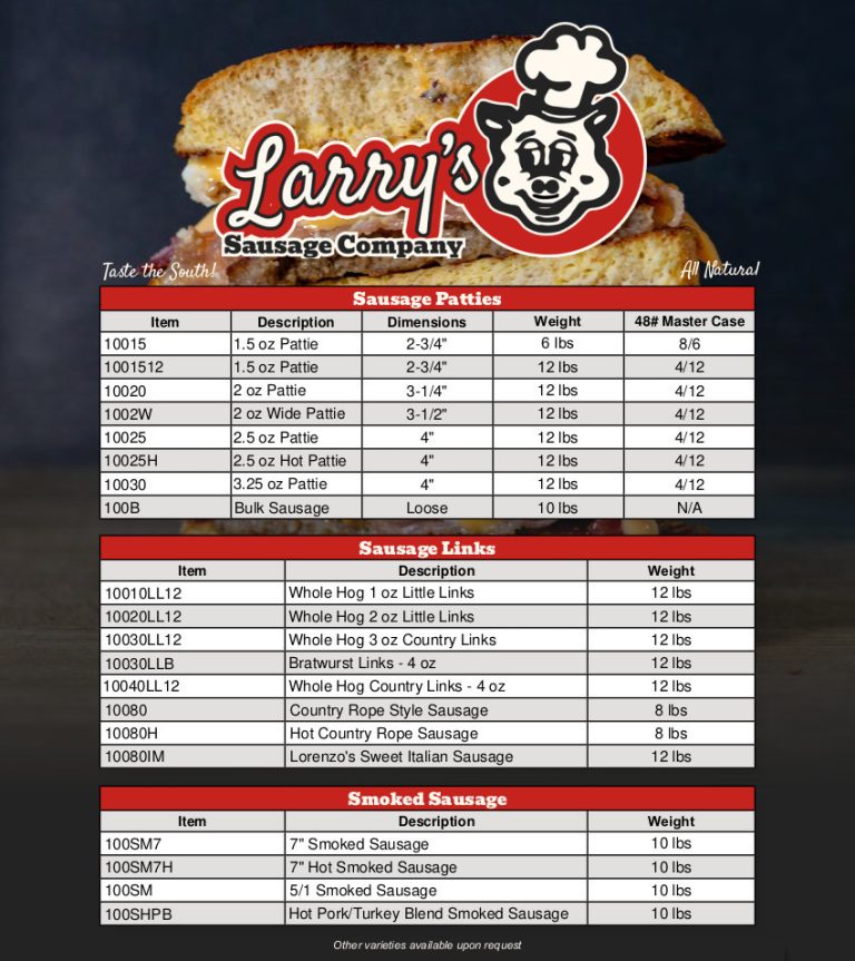 Product Spec Sheet – Larry's Sausage Company